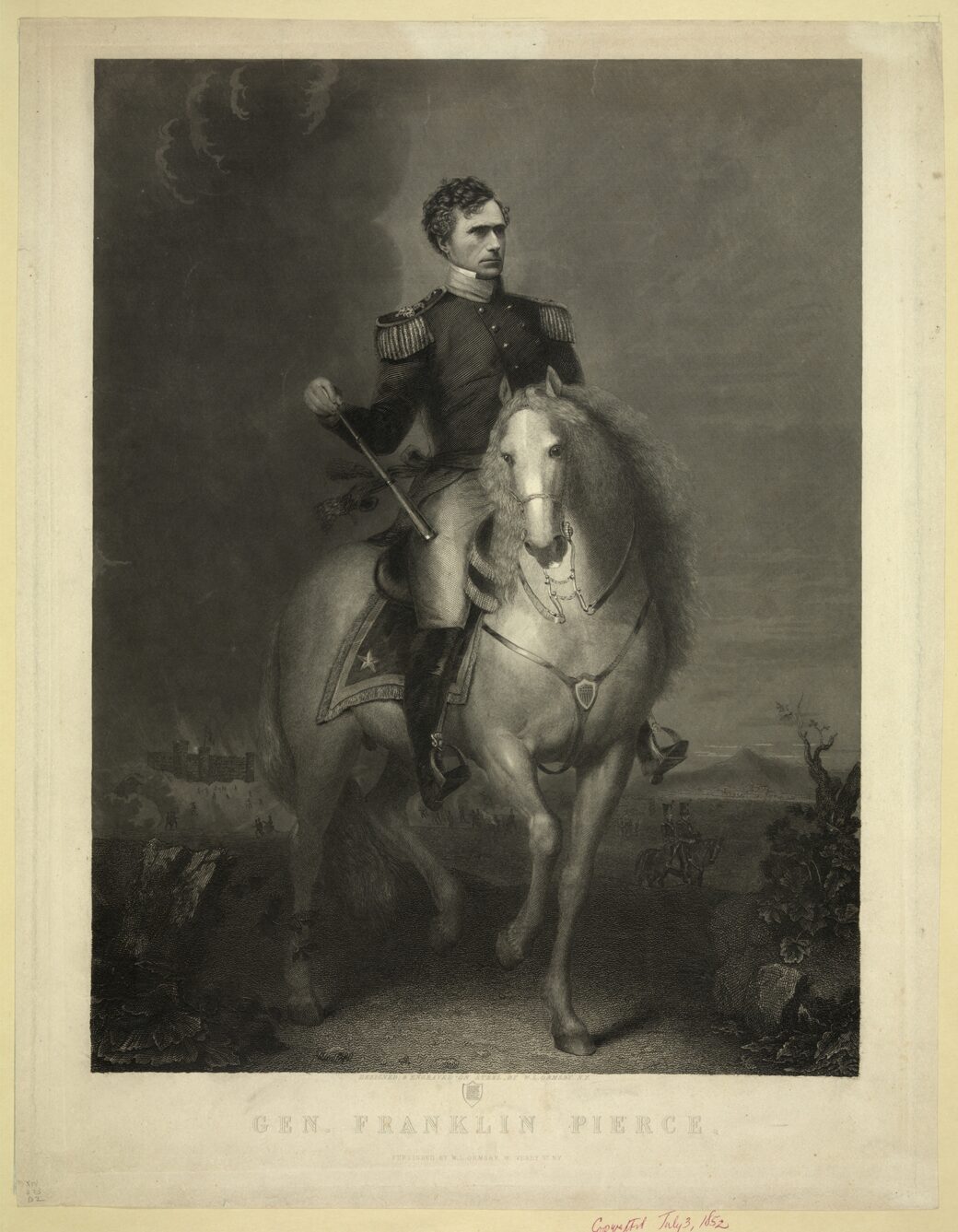 Franklin Pierce, on horseback, in a Mexican War battle scene with ...