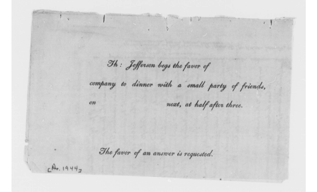 Jefferson Dinner Invitation - White House Historical Association