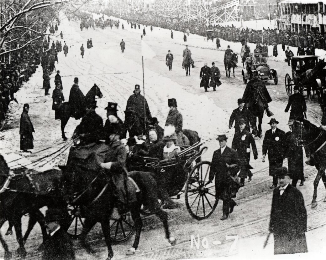 President and Mrs. William H. Taft ride in an open landau during a ...