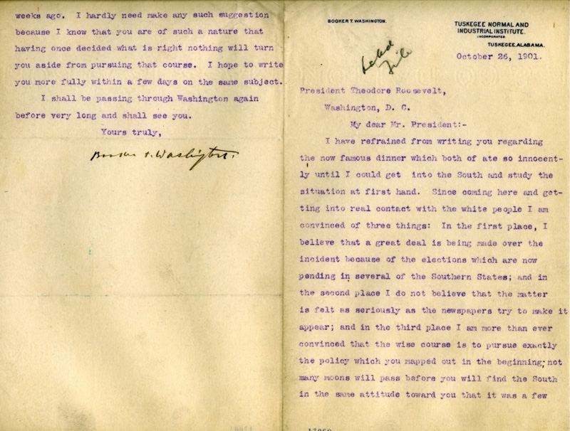 A letter from Booker T. Washington to President Theodore Roosevelt ...